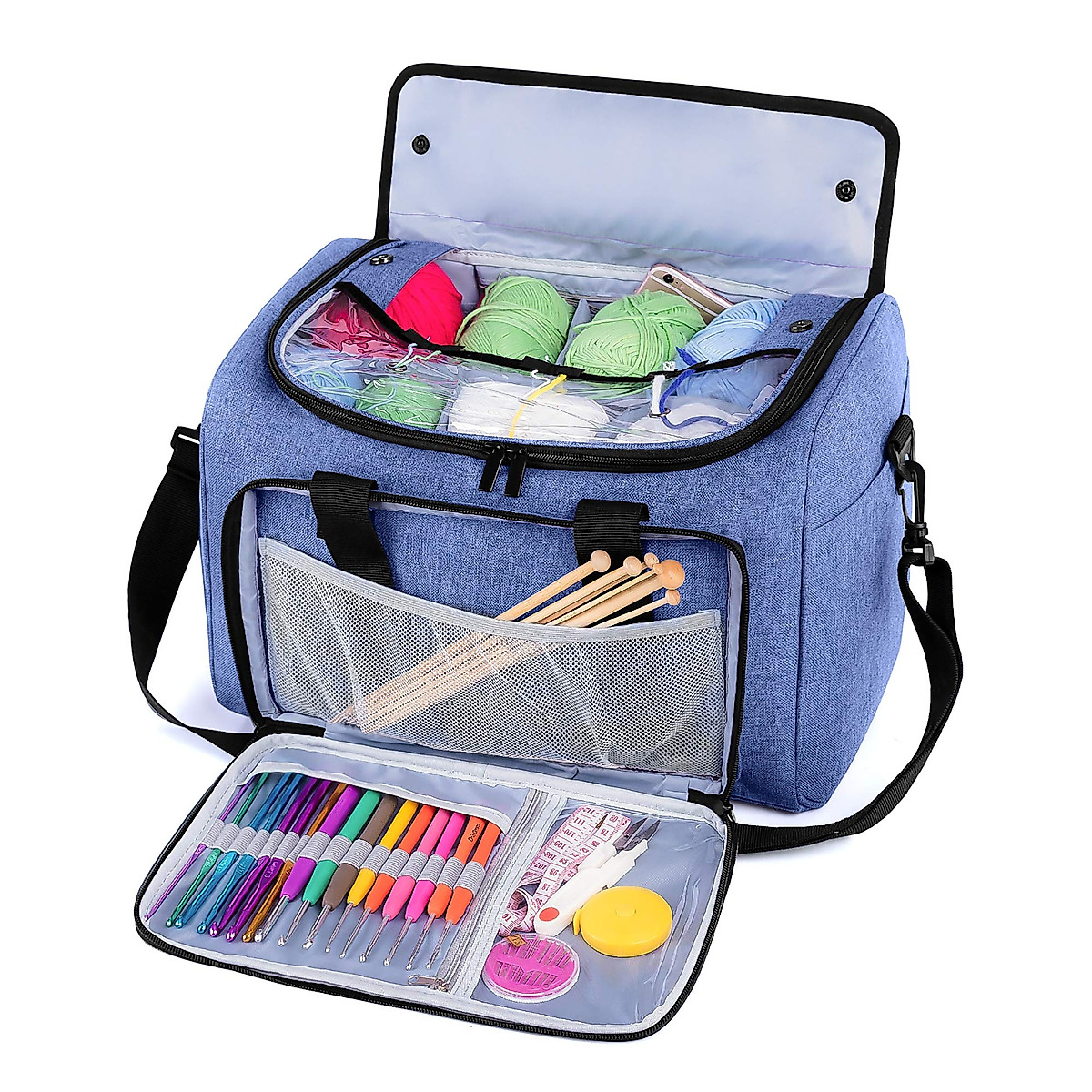 Teamoy Knitting Bag with Inner Detachable Divider, Yarn Storage Crochet Bag for Unfinished Projects, Crochet Hooks and Other Accessories, Dark Blue
