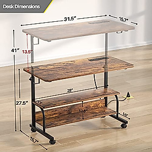 Height Adjustable Standing Desk with Power Outlets, 32" Manual Stand Up Desk with Storage Shelves Small Mobile Rolling Computer Desk Portable Laptop Table with Wheels for Home Office, Rustic