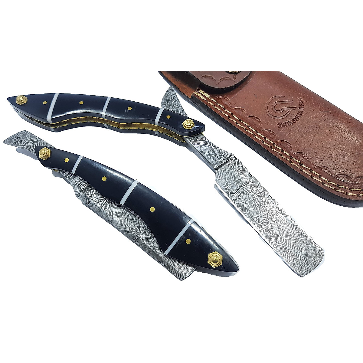 Qureshi Knifes Damascus Steel Straight Razor fixed Blade Camel Bone with Leather Sheath Belt Loop. STR-24001
