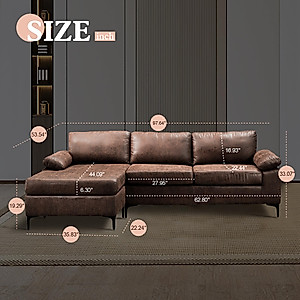 ovios 97.6" L-Shaped Sofa Couch with Convertible Chaise, Minimalist Reversible Sectional Sofa with Deep Seat, Comfy Mid-Century Modern Suede Leather Couches for Living Room, Dark Brown