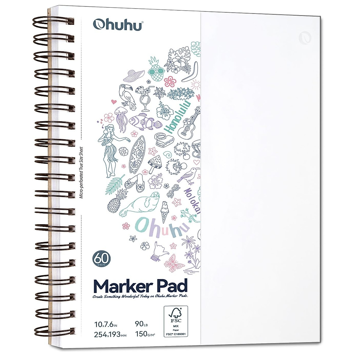 Ohuhu Double Sided Marker Pads Art Sketchbook Bleedproof - 7"x10" Large Paper Size - 90LB/150GSM Smooth Drawing Paper - 60 Sheets/120 Pages, Spiral Bound Sketching Book for Alcohol Markers Christmas
