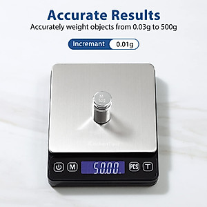 KitchenTour Digital Kitchen Scale - 500g/0.01g High Accuracy Precision Multifunction Food Meat Scale Jewelry Lab Carat Powder Scale with Back-Lit LCD Display(Batteries Included)