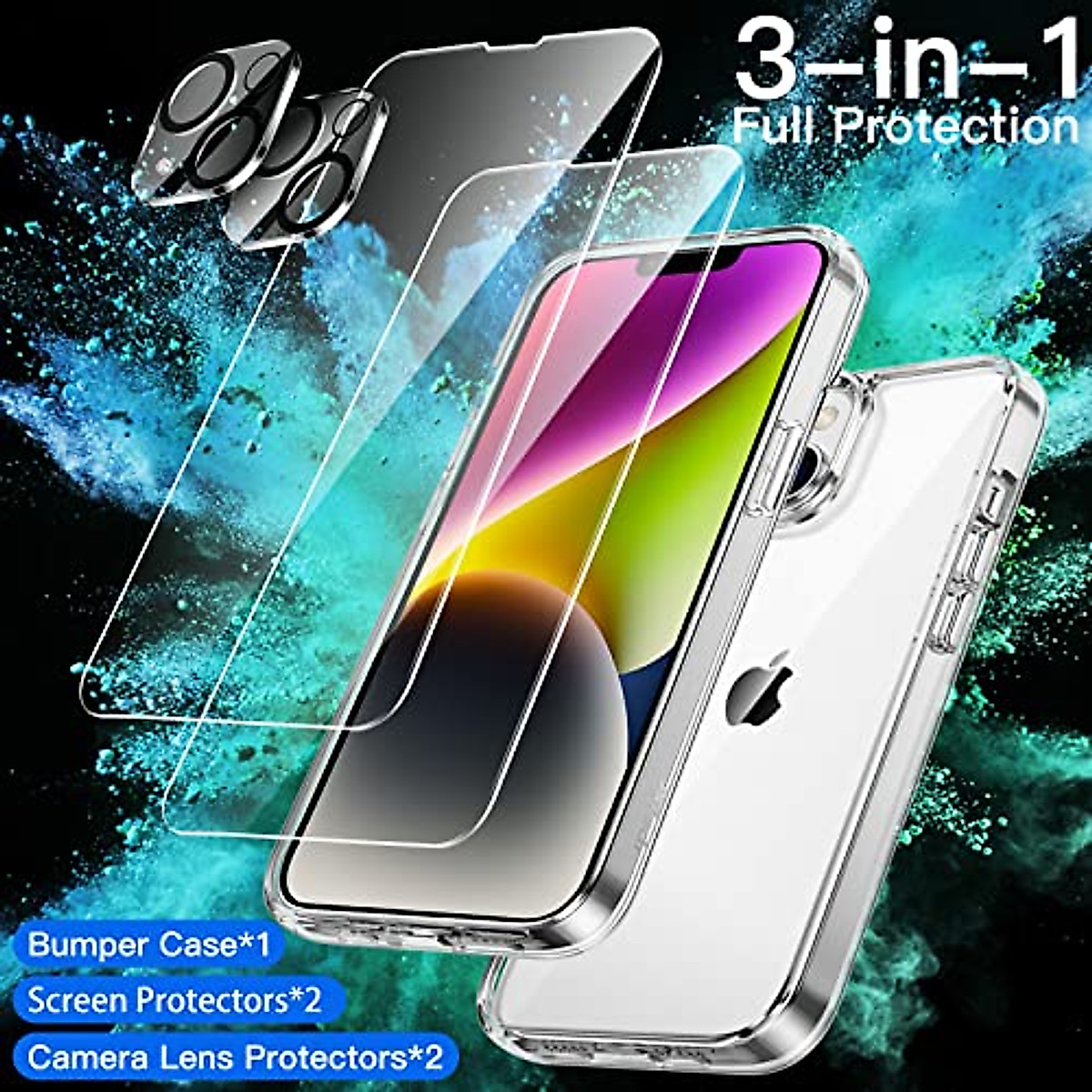 JETech 3 in 1 Case for iPhone 14 6.1-Inch, with 2-Pack Screen Protector and Camera Lens Protector, Non-Yellowing Shockproof Bumper Phone Cover, Full Coverage Tempered Glass Film (Clear)