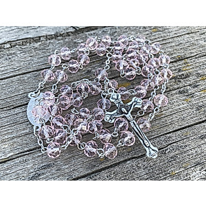 Nazareth Store Pink Pearl Beads Rosary Handmade Prayer Beaded Necklace with Miraculous Medal and Silver Cross