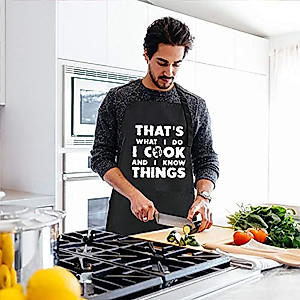 Rosoz Funny BBQ Black Chef Aprons for Men, I Cook and I Know Things Adjustable Kitchen Cooking Aprons with Pocket Waterproof Oil Proof Father’s Day/Birthday