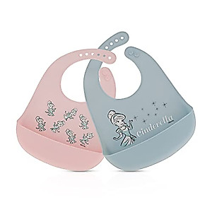 Disney 2-Pack Unisex Baby & Toddler Silicone Bibs with Food Catcher, Soft Waterproof Feeding Accessories (Blue/Pink)