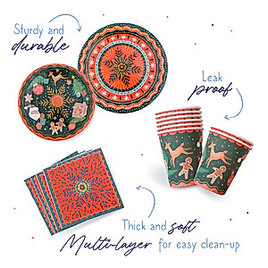 Christmas Paper Plates and Napkins Serves 16 Guests - Merry Christmas Tableware Sets With Santa Claus, Tree Snowflake | Disposable Paper Large Dinner Plates, Small Dessert Plates, Cups and Napkins