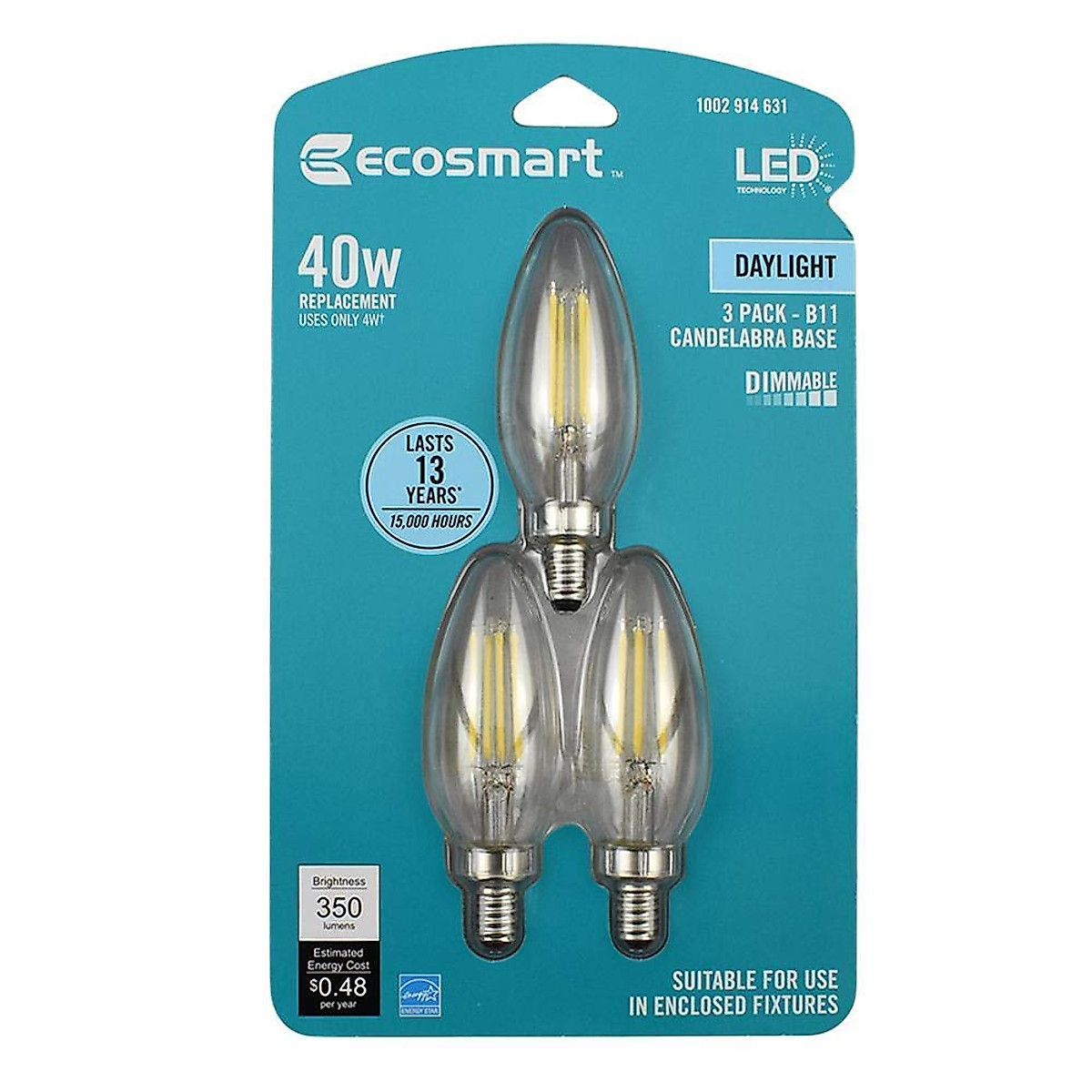 EcoSmart 40-Watt Equivalent B11 Candle Dimmable Energy Star Clear Glass Filament Vintage LED Light Bulb Daylight (3-Pack)