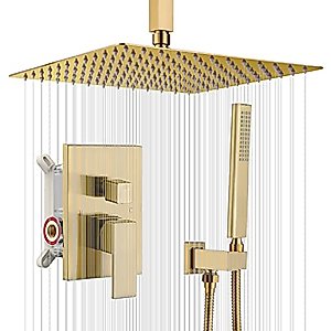Iriber Champagne Bronze Ceiling Mount Rain Shower System with 12 Inch Shower Head and Handheld Bathroom Brushed Golden Shower Set Contain Shower Faucet Mixer Brush Gold Trim Kit (Valve Included)