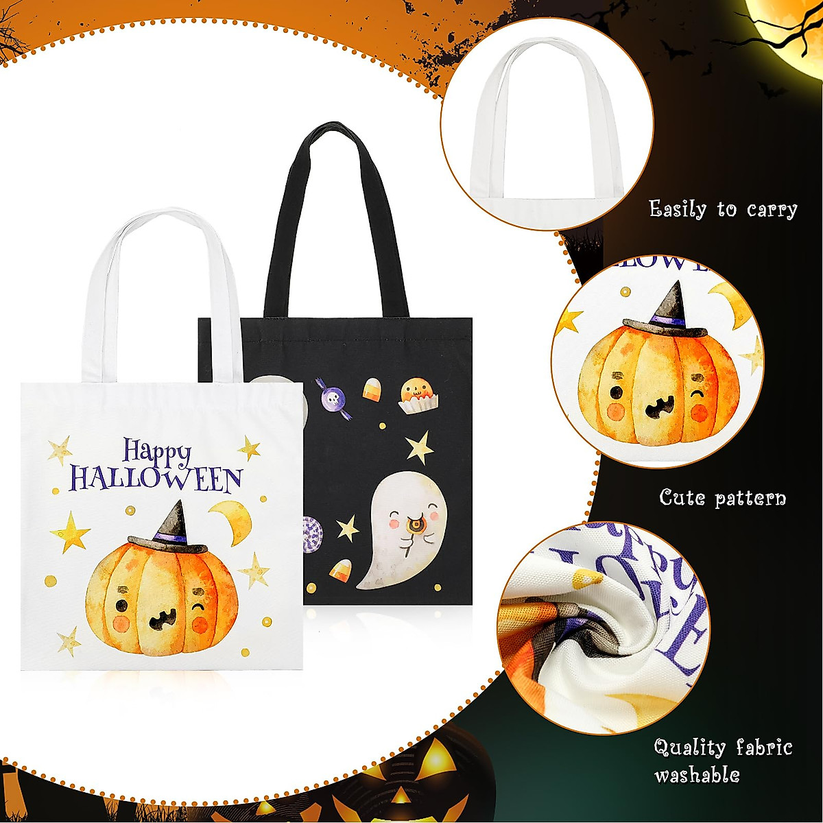 LEIFIDE 2 Pieces Halloween Bag Reusable Canvas Candy Bag Large Happy Halloween Pumpkin Bag Ghost Goody Bag for Halloween Party Favor Grocery Shopping, 12.99 x 12.6 Inch
