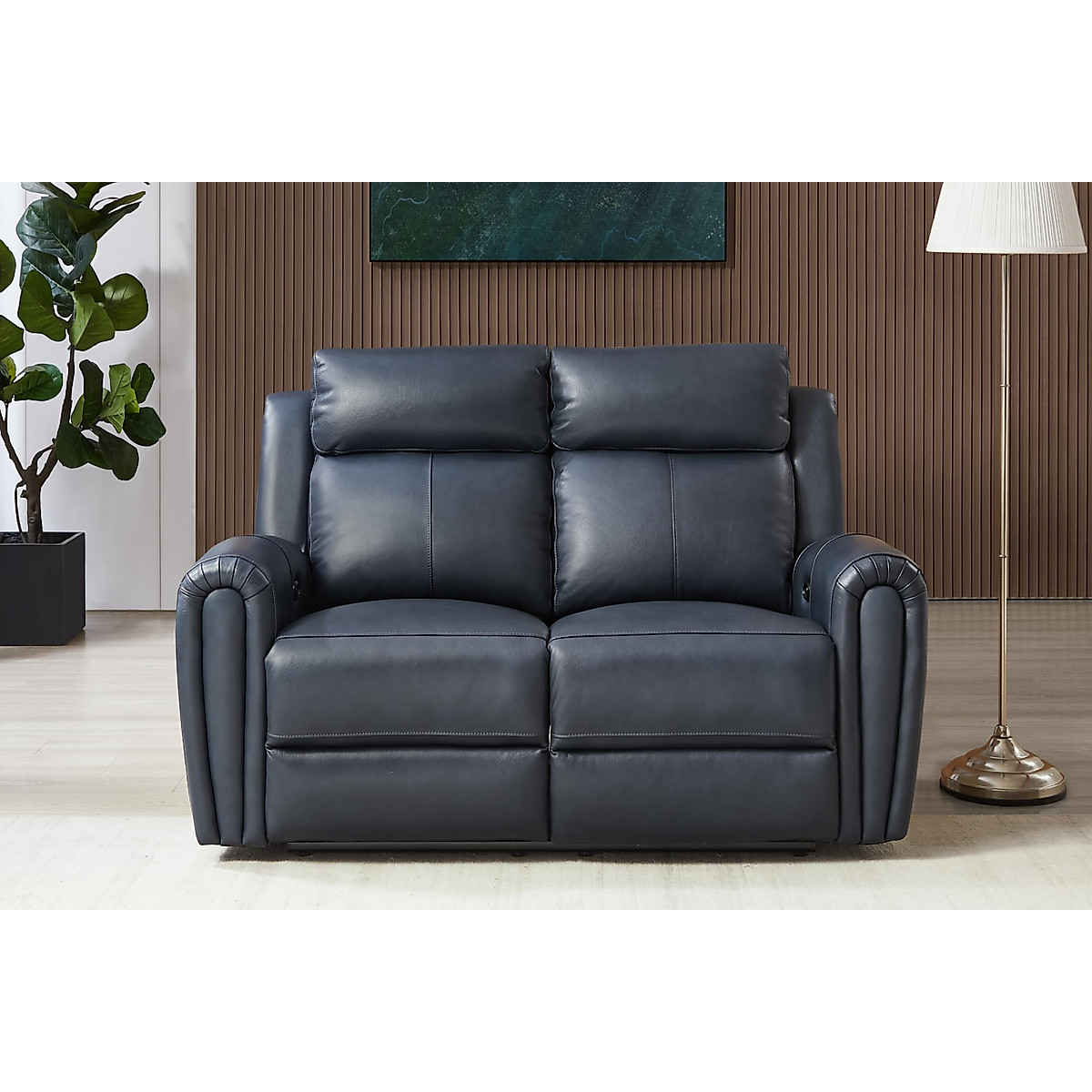 THSUPER Power Genuine Leather Reclining Loveseat, Modern Real Leather Double Recliner Loveseat, Top Grain Leather Recliner with USB Port and Ergonomic High Backrest, Blue
