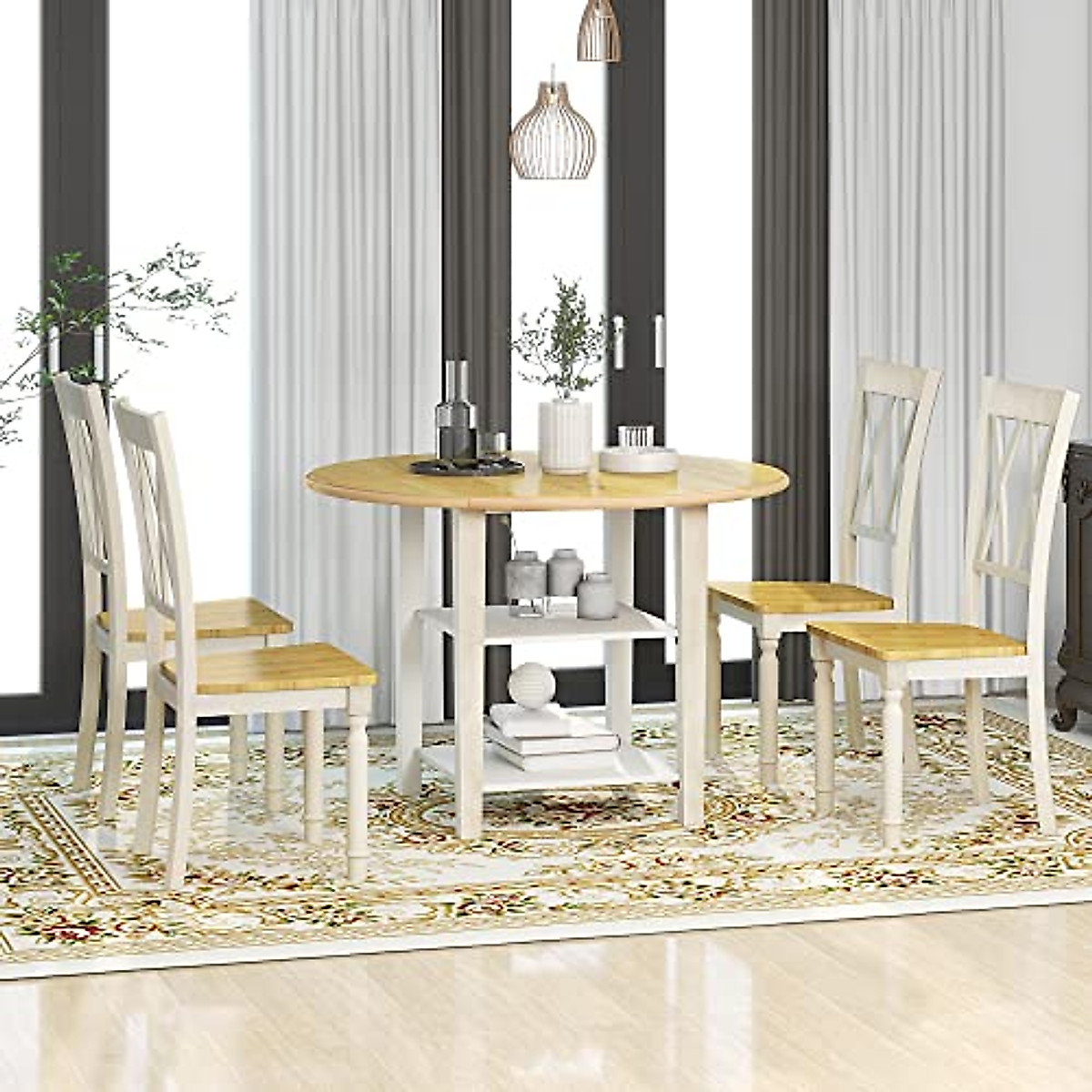 Merax 5-Piece Farmhouse Wooden Round Dining Table Set with Drop Leaf, 2-Tier Storage Shelves and 4 Cross Back Chairs, Distressed White+Natural