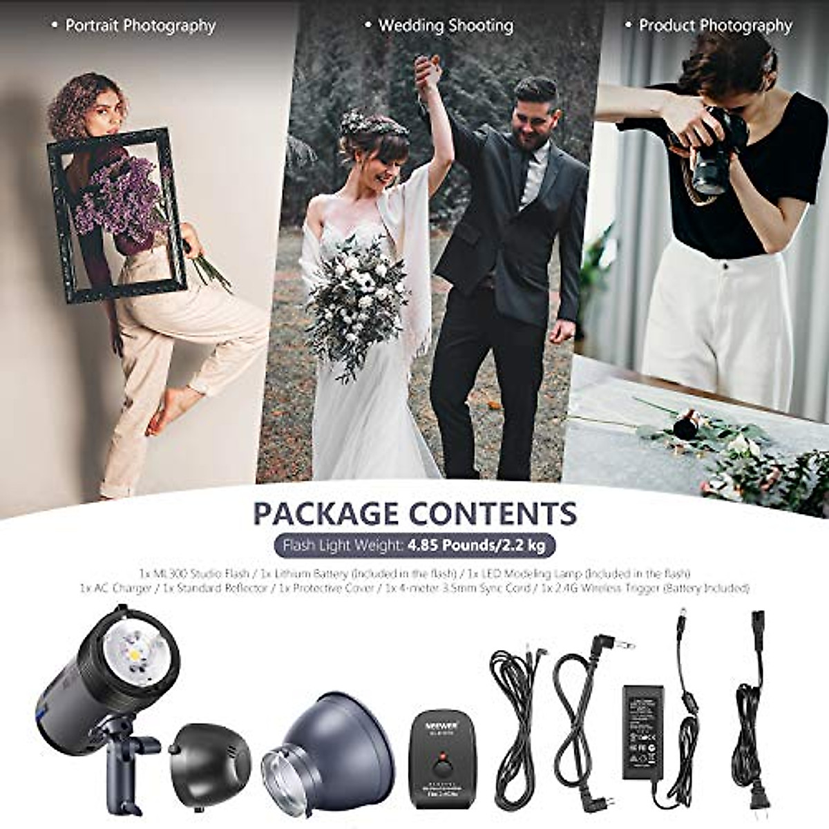 Neewer ML300 300W Outdoor Studio Flash Strobe Li-ion Battery Powered Monolight with 2.4G Wireless Trigger, 1000 Full Power Flashes, Recycle in 0.4-2.5 Sec, Bowens Mount