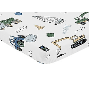 Sweet Jojo Designs Construction Truck Boy Fitted Mini Crib Sheet Baby Nursery for Portable Crib or Pack and Play - Grey Yellow Black Blue and Green Transportation