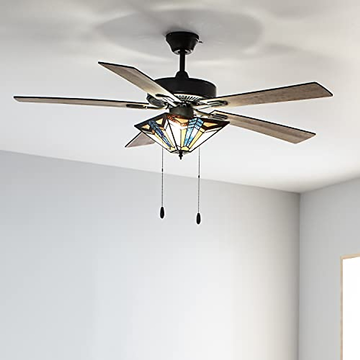 RIVER OF GOODS Tiffany-Style Stained Glass Ceiling Fan - 52" L x 52" W - Rich Barnwood/Light Driftwood Fan Blades