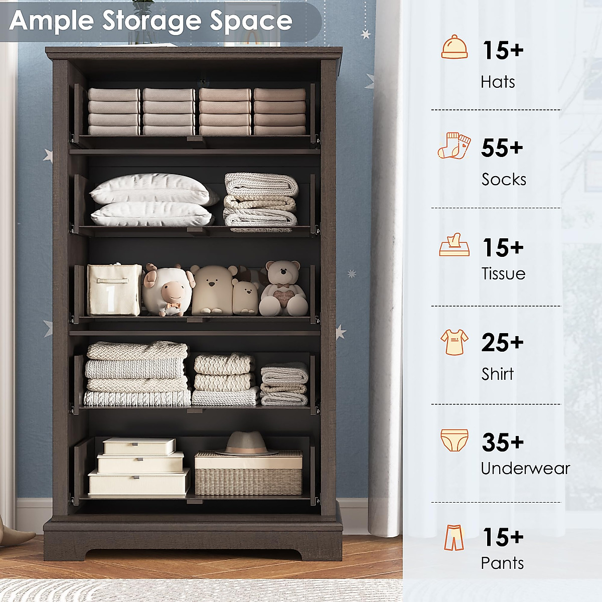 HOSTACK 5 Drawer Tall Dresser, Modern Farmhouse Chest of Drawers, Wood Dressers Organizer, Accent Storage Cabinet for Living Room, Hallway, Home Office, Dark Brown