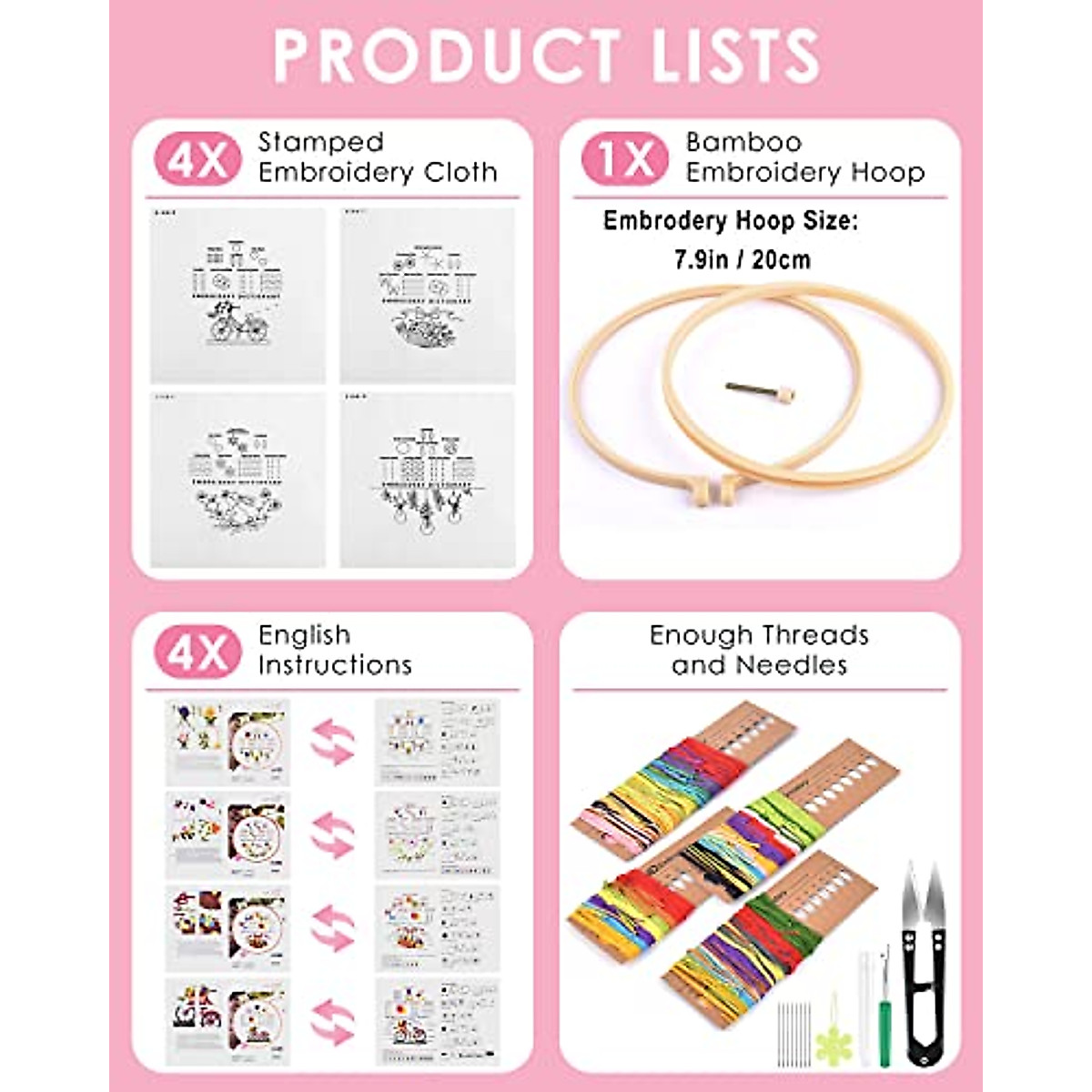 TINDTOP Embroidery Kit for Beginners, 4 Pack Cross Stitch Practice Kits for Beginners Include Embroidery Cloth Hoops Threads for Craft Lover Hand Stitch with Embroidery Skill Techniques