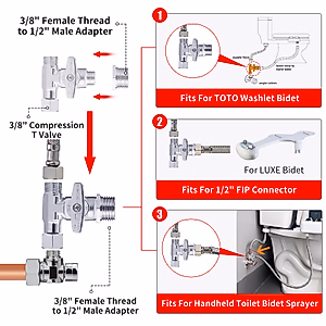 Tee Stop Valve 3/8 X 3/8 X 3/8 Or 1/2 Inch bidet T Connector Valve Adapter Tee Connector Adapter For Connector TOTO Washlet Bidet,Handheld Bidet Sprayer,Toilet Tank,Dishwasher