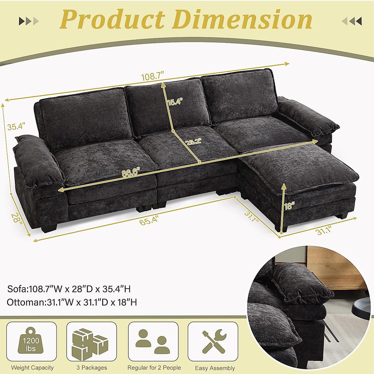 L Shaped Couch Sectional Sofa Couch with Ottoman, Cloud Couch Sectional Couches for Living Room, Modern Modular Sectional Sofa Sleeper Sofa Comfy Upholstered Furniture for Apartment (Black, 4-Seater)