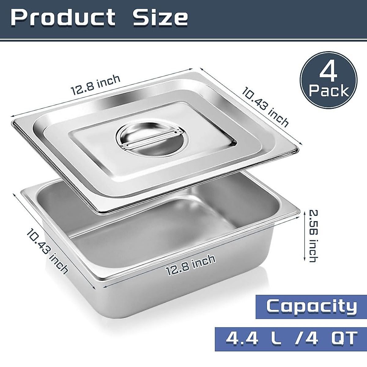 NDSWKR 4 Pack 1/2 Size Half Size Hotel Pan with Lid, 2.5 Inch Deep Stainless Steel Steam Table Pans, Anti-Jam Chafing Pan for Party, Hotel, Restaurant, Cafeterias, Buffet