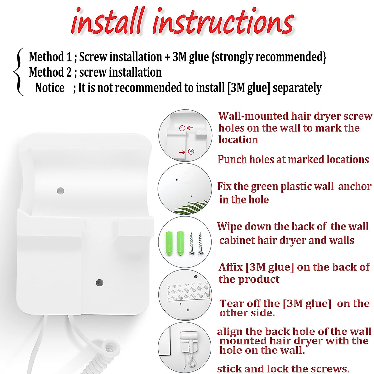 Hotel Wall Mounted Hair Dryer for Bathroom,Restroom Professional Blow Dryer,with Stand Rack,Specialised Motor for Salon,Fast Drying - Gifts【Massage air Cushion Comb, Screws+ Adhesive】