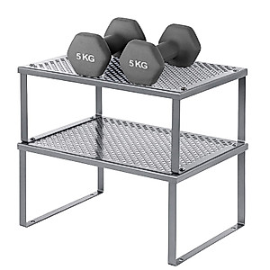 SONGMICS Bamboo Shelf Organizers and Metal Shelf Organizers Bundle, Stackable, Expandable Kitchen Shelves, Silver, Natural and White UKCS01SV and UKCS02NW