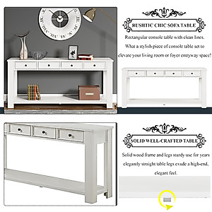 KLIECH 63" Pine Wood Console, Sofa 4 Drawers and 1 Bottom Shelf,Narrow Long Table for Living Room Entryway Hallway Bedroom,Antique White