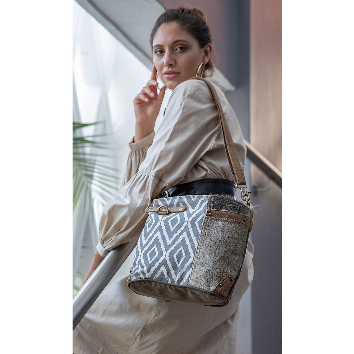 Myra Bag Washed-Out Upcycled Canvas & Cowhide Shoulder Bag S-1343