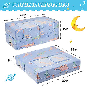 TELER Kids Couch Sofa Modular Toddler Couch, Glow in The Dark Sofa 3 in 1 Fold Out Kids Sofa with Washable and Durable Covers for Boys, Blue Dinosaur
