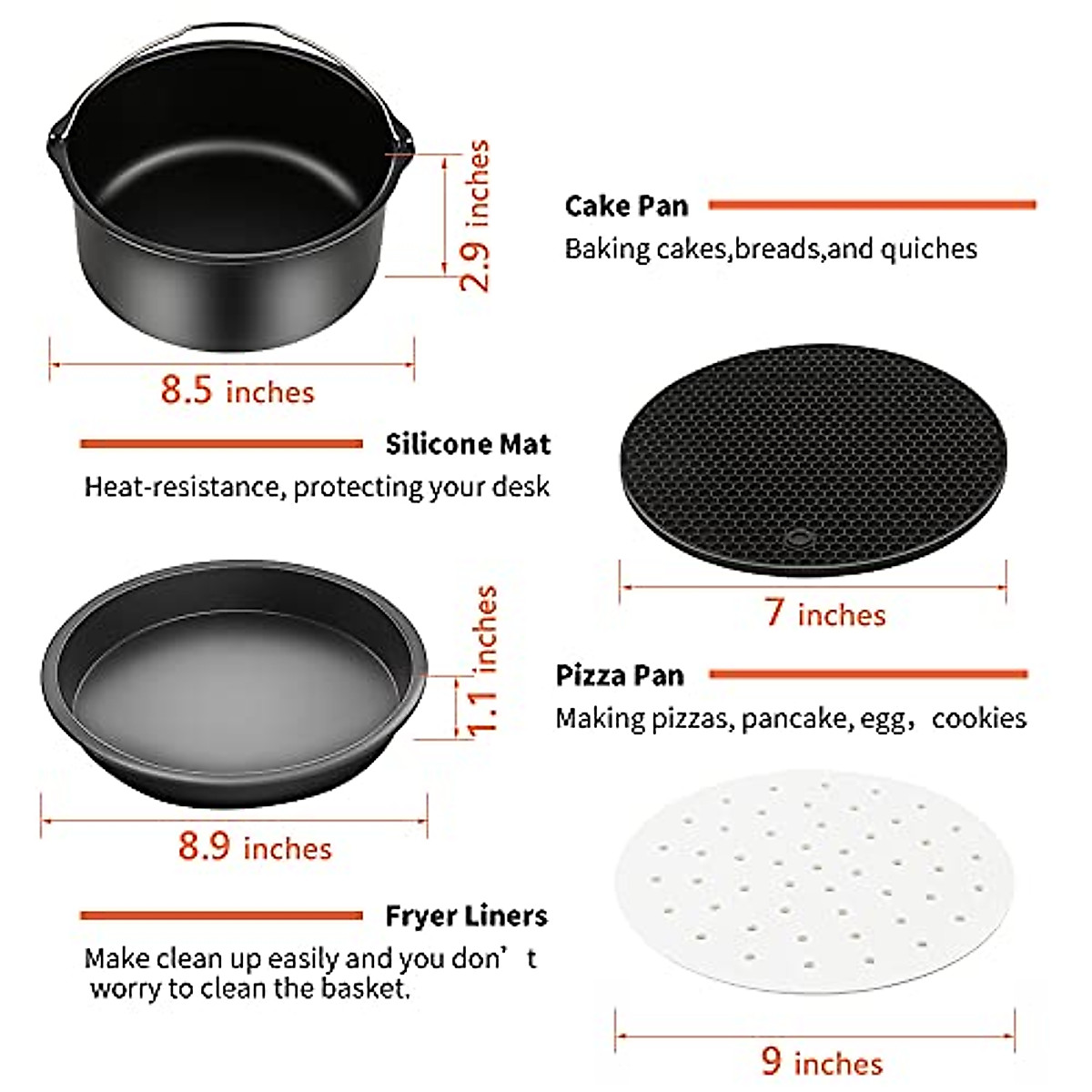 Air Fryer Accessories,13PCS for Ninja COSORI Power XL 5.3QT - 8QT Air Fryer with 9 Inch Cake Barrel