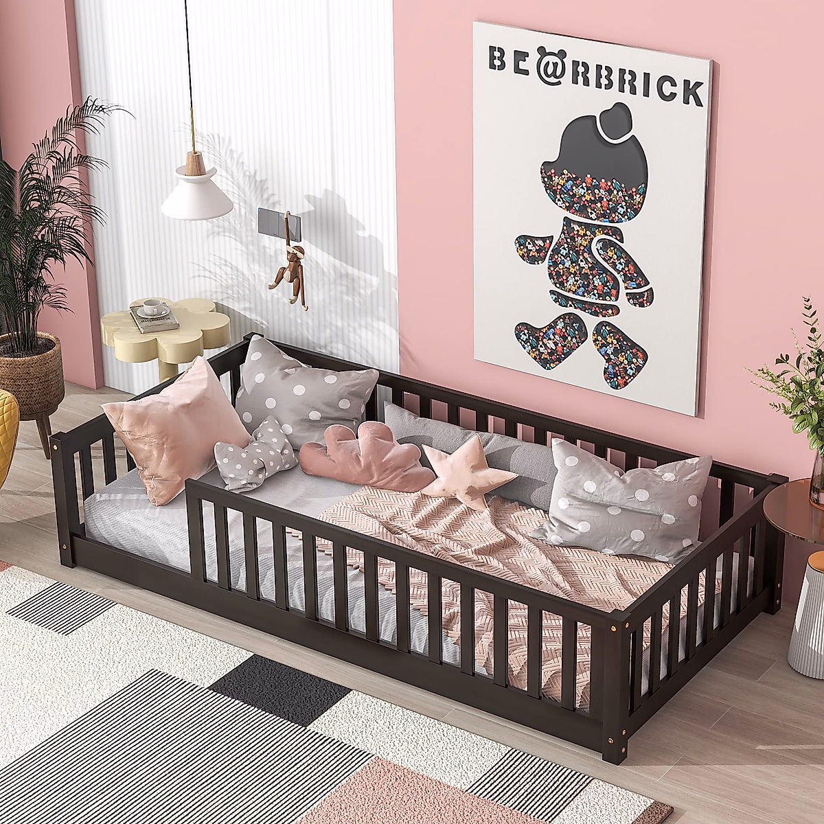 LLS Twin Floor Bed for Children, Durable Montessori Floor Bed with Sturdy Slats and Safety Fence, Solid Wood Floor Bed Frame for Girls Boys and Teens, Espresso (Without Door)