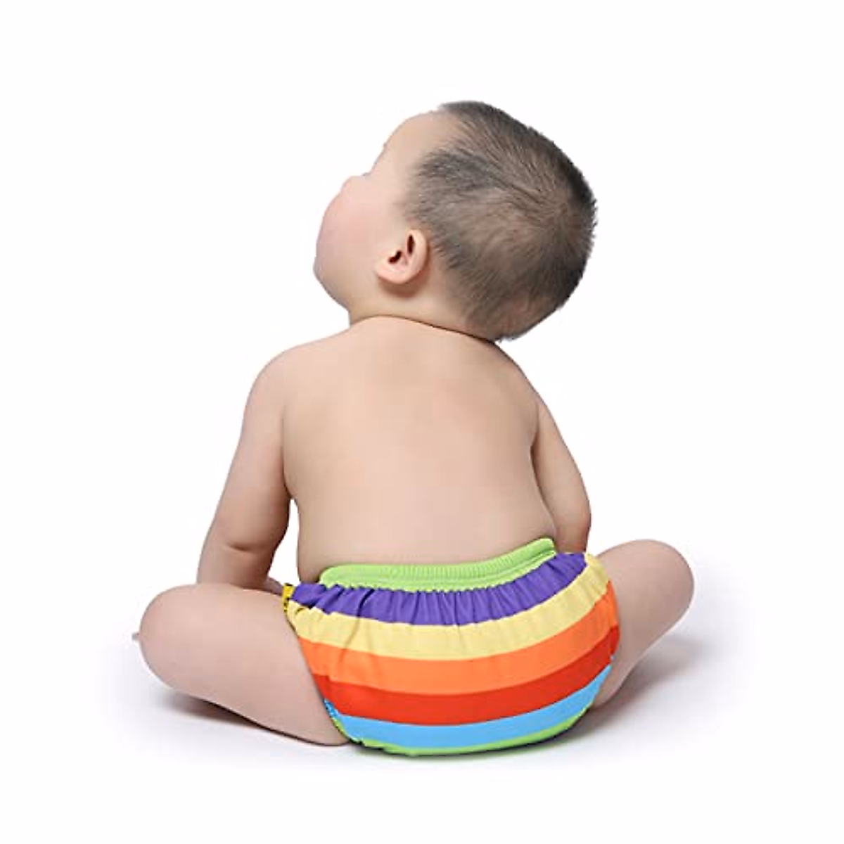 FreeSwimmingBaby Reusable Absorbent Swim Diaper Washable Striped Swim Trunks for Baby Boys and Girls (S, Rainbow)