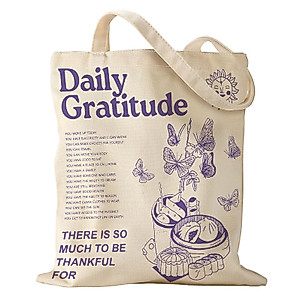 Miss Adola Aesthetic Canvas Tote Bag with Pattern for Women, Butterfly Gratitude Inspirational Quotes Design, Casual Sturdy Cloth Cotton Totes Bag for Vacation, Shopping, Grocery, Gym