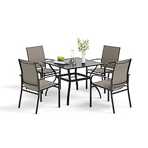 MIXPATIO Patio Table and Chairs Set for 4, 5-Piece Outdoor Dining Set with Brown Textilene Chairs and 37" Square Metal Umbrella Table for Deck Backyard Lawn