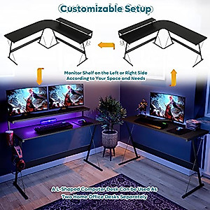 Bestier 65" LED L Shaped Gaming Desk Corner Computer Desk with RGB Lights Gamer Desk with Cup Holder Headset Hook Home Office Desk 22 Lighting Modes, Carbon Fiber Black