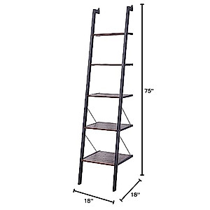 RAAMZO 5-Tier Industrial Leaning Ladder Wall Bookshelf Bookcase Display Storage Rack Accent in Walnut Finish and Black Frame - 75-inch Height