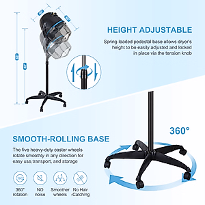 Nova Microdermabrasion Professional Hooded Floor Hair Dryer Adjustable Bonnet Hair Dryer Stand Up with Timer and Rolling Wheels for Beauty Spa Home Salon Equipment