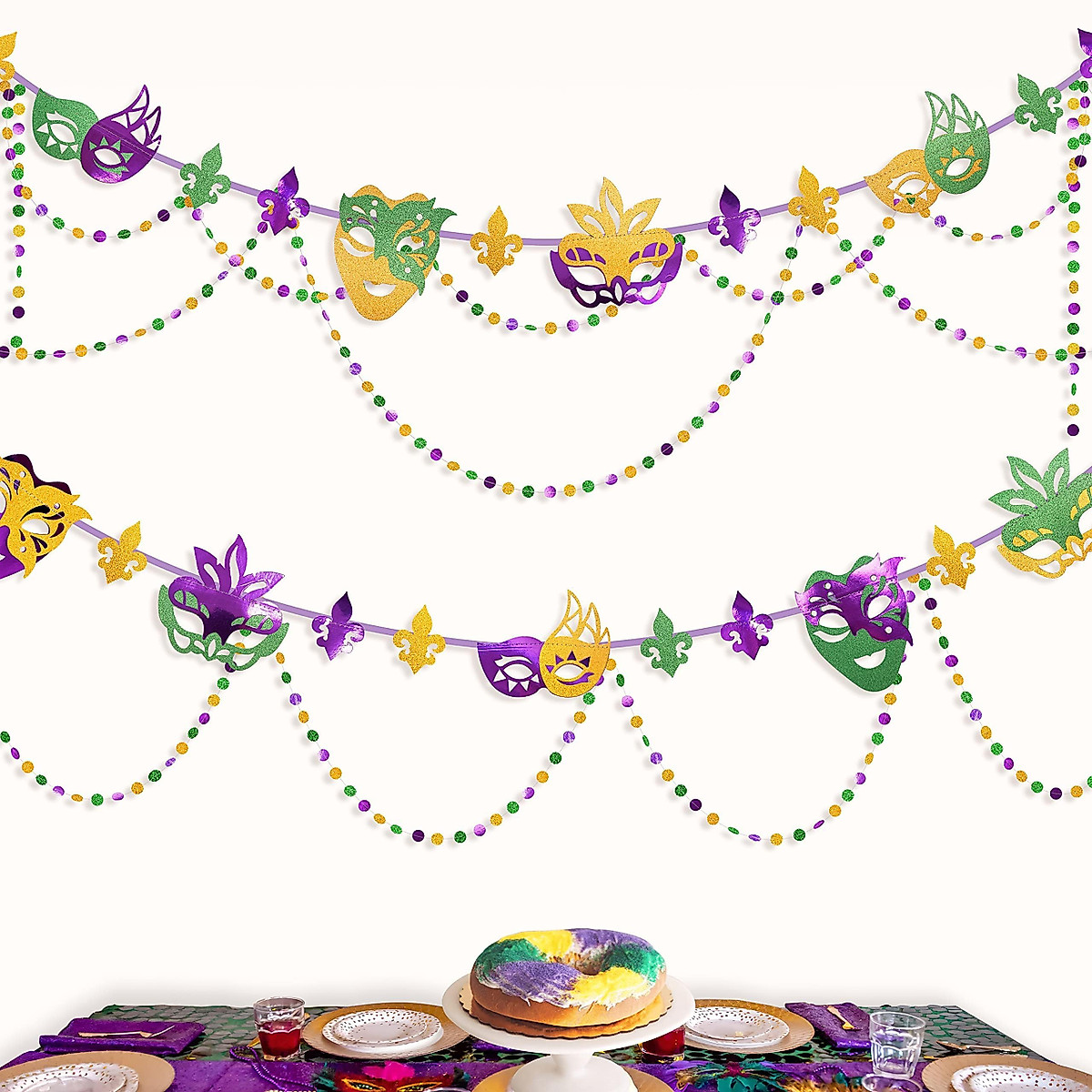 Cheerland Green Purple Gold Mardi Gars Mask Banner Paper Bead Garland Set for Mardi Gars Theme Party Decoration Triangle Flag Bunting for Fat Tuesday Party Supplies New Orleans Party Decor