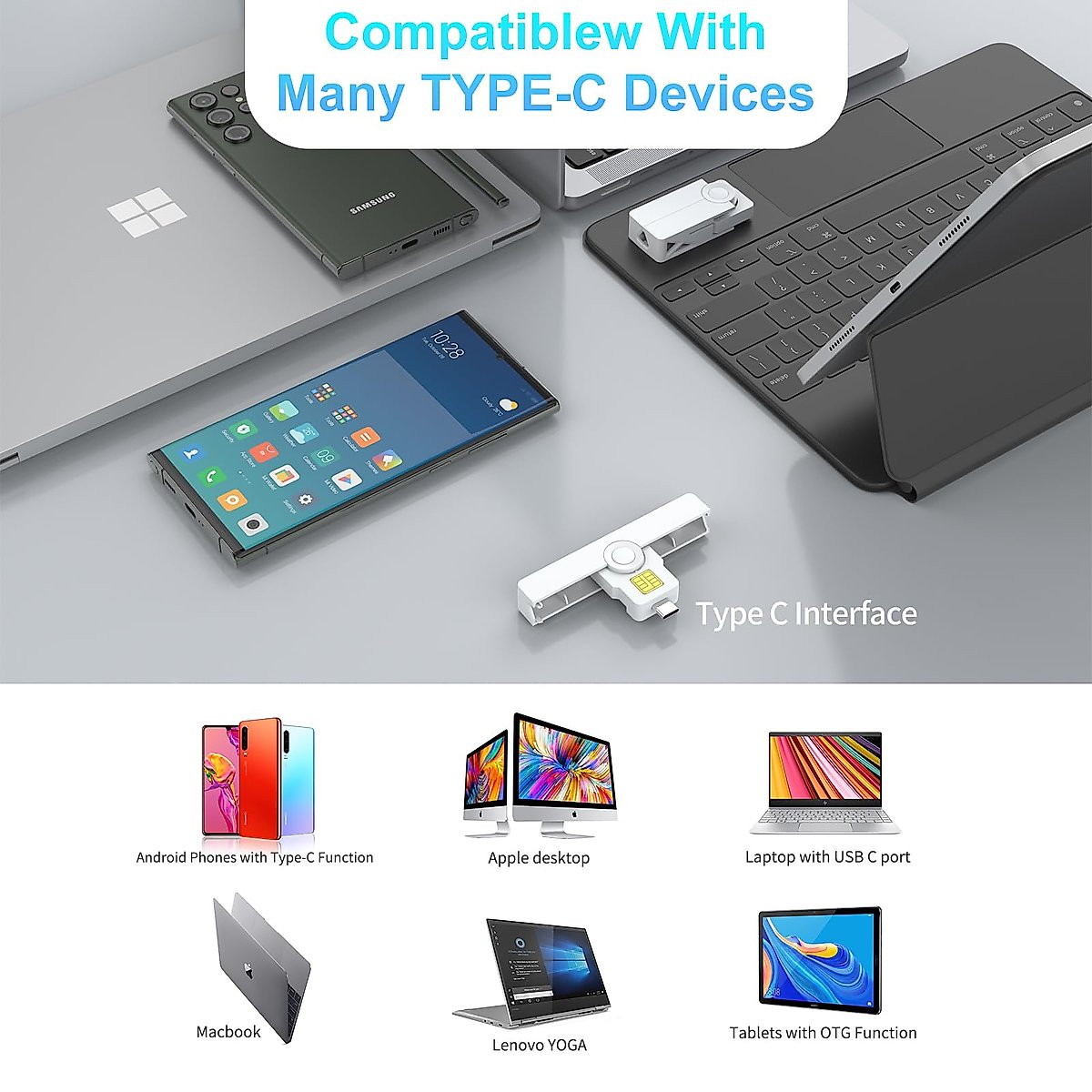 USB C CAC Reader Military, Smart Card Reader DOD Military USB Common Access CAC, Mini Fold ID, Debit, Credit Card Reader Compatible with Windows, Mac OS, Linux, Android Phone(Type C)