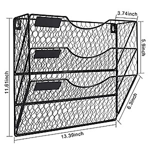 PAG Wall File Holder Hanging Mail Organizer Metal Chicken Wire Wall Mount Magazine Rack, 3-Tier, Black
