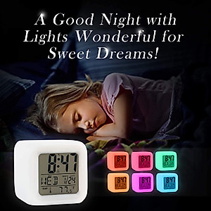 Kids Alarm Clock, Student Digital Clock for Boys Girls, 7 Colors Changing Light Bedside Clock for Children's Bedroom, Digital Alarm Clocks with Snooze, Temperature, Gift Idea for Kids