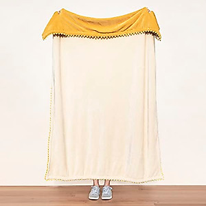 MONDAY MOOSE Cozy Fleece Throw Blanket with Pom Pom Fringe, Super Soft Lightweight Microfiber Flannel Blanket, Double-Sided Designs, for Couch Bed Sofa Home Decor (50x60 inch, Yellow/Beige)