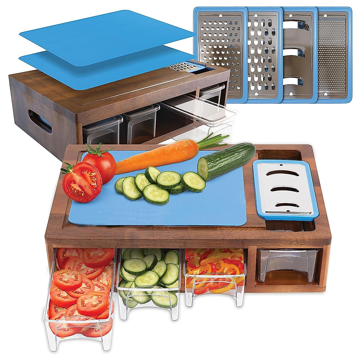 Granted By Grace Acacia Cutting Board with Containers & Lids - Board Meal Prep System w 4 Graters, 2 Plastic Chopping Board for Meat, Juice Grooves & More - Cutting Board Prep Station for Kitchen