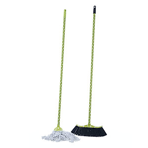 Superio Cotton Mop and Broom Set, Light Green Polka Dot Print Design, Superior Cleaning Tools Broom and String Mop.