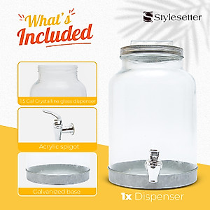 Style Setter Glass Drink Dispenser for Parties -1.5 Gallon Large Capacity Beverage Dispenser - Easy Assembling with Leakproof Spigot and Galvanized Base - Sweet Tea, Lemonade, Punch, Water Dispenser