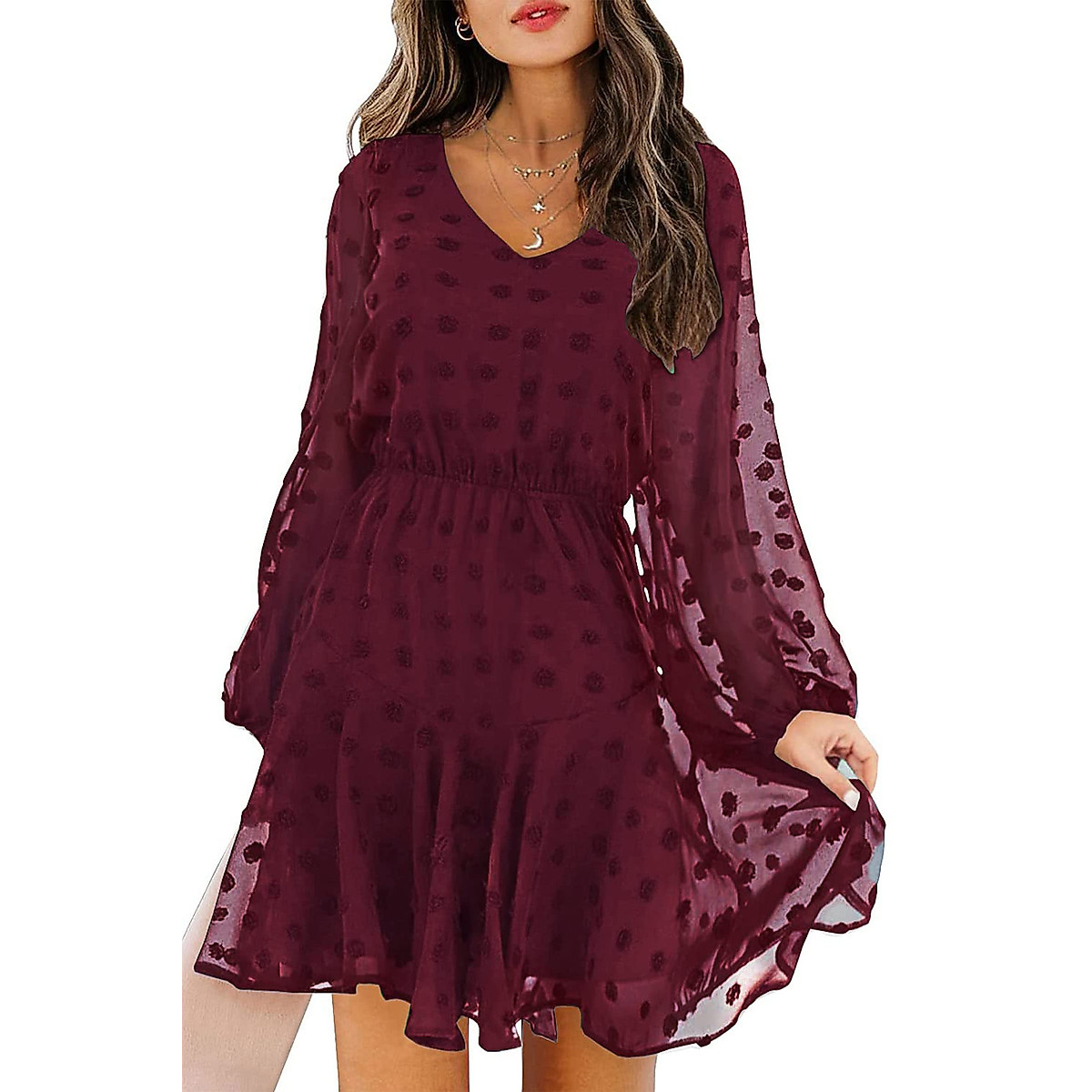 KIRUNDO Womens Spring Dresses 2024 Fashion Casual Long Lantern Sleeve V Neck Cute Swiss Dot Mini Wedding Guest Dress(Style2-Wine Red, X-Large)