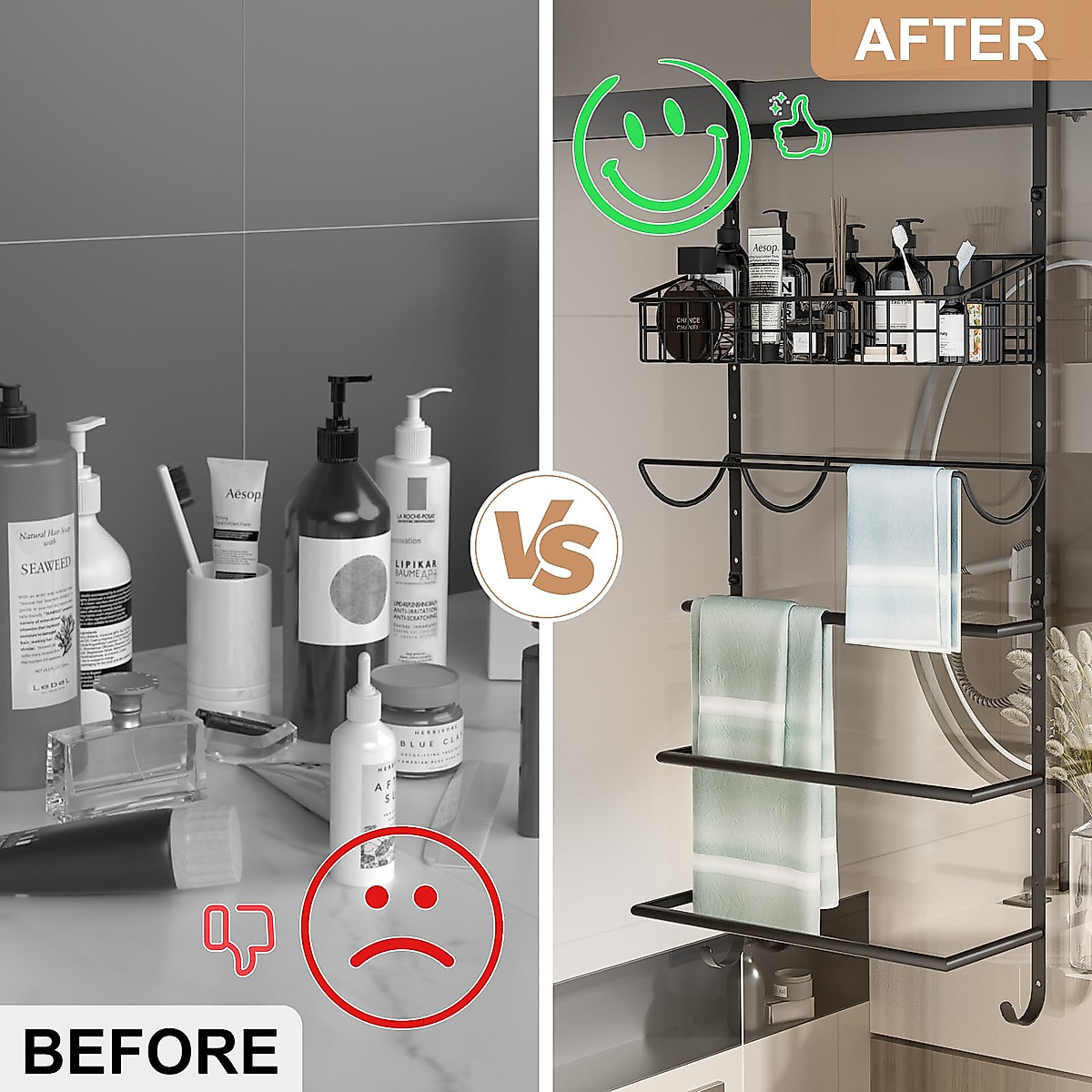 X-cosrack Adjustable Towel Racks for Bathroom Door Hanging, 5 Tiers Over The Door Towel Rack with Hooks, Bathroom Towel Holder Wall Mount for organizing Towels，Clothes