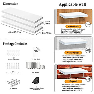 VOGGV White Floating Shelf, Wall Mounted Shelves with Invisible Brackets, Wall Shelves for Bathroom, Bedroom, Office, Living Room, Kitchen, Shelves for Wall Decor Storage, Set of 3