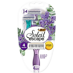 BIC Soleil Escape Women's Disposable Razors, 4 Blade Ladies Razors, Moisture Strip With 100% Natural Almond Oil, Lavender and Eucalyptus Scented Handles, 4 Pack