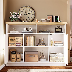 IRONCK Coffee Bar Cabinet with Power Strip, 47" Storage Cabinet with Barn Doors and Thickened Top Board, White Sideboard, Buffet for Dinning Room, Kitchen, Living Room